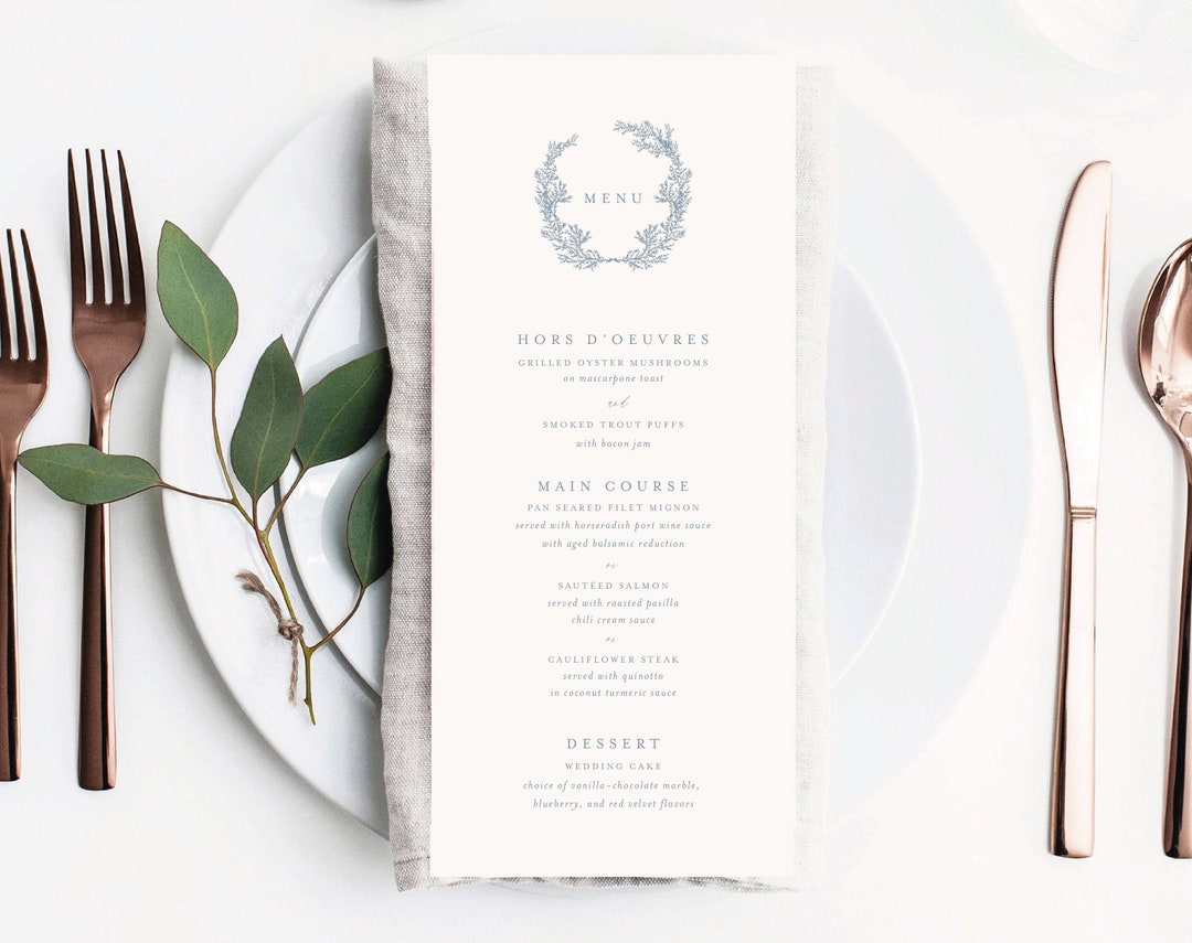 Dusty Blue Menu Template, Monogram Menu Template, French Blue Wedding ...