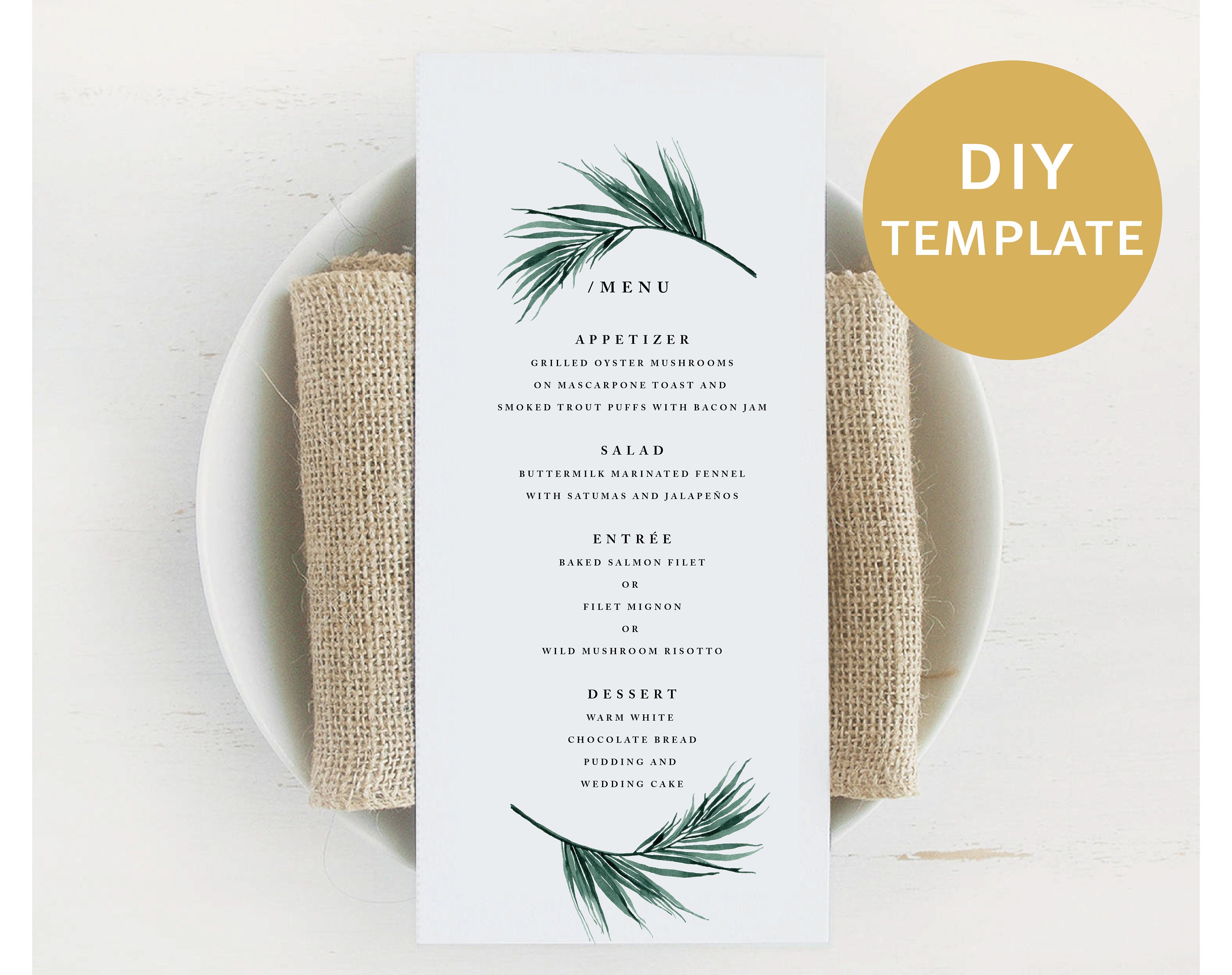 Modern Tropical Greenery Menu Template Watercolor Palm | Etsy