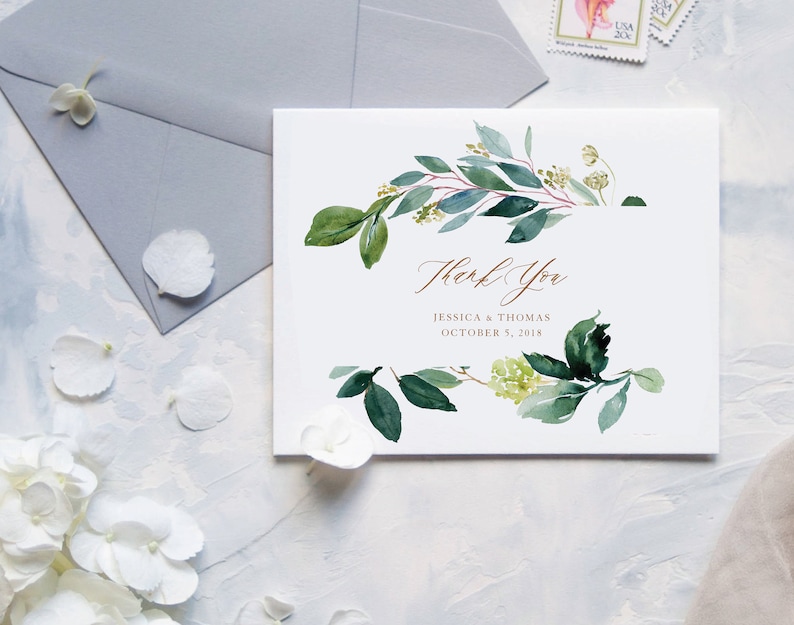 Leafy Greenery Thank You Card Template, INSTANT DOWNLOAD, 100% Editable ...