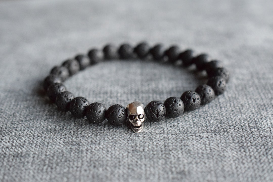 Men's Black Bead Bracelet, Silver Skull Bracelet, Men's Beaded Bracelet ...