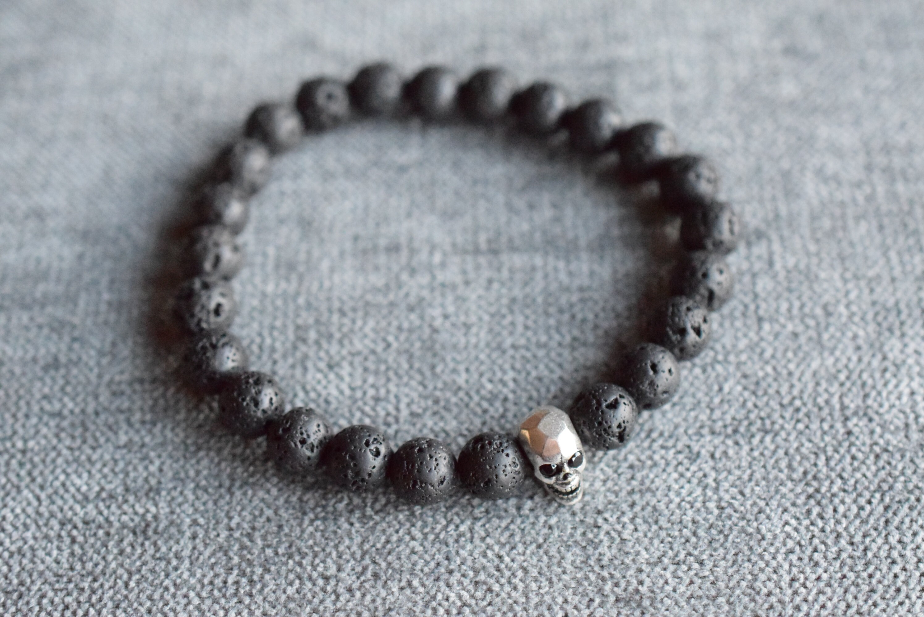 Men's Black Bead Bracelet Silver Skull Bracelet - Etsy