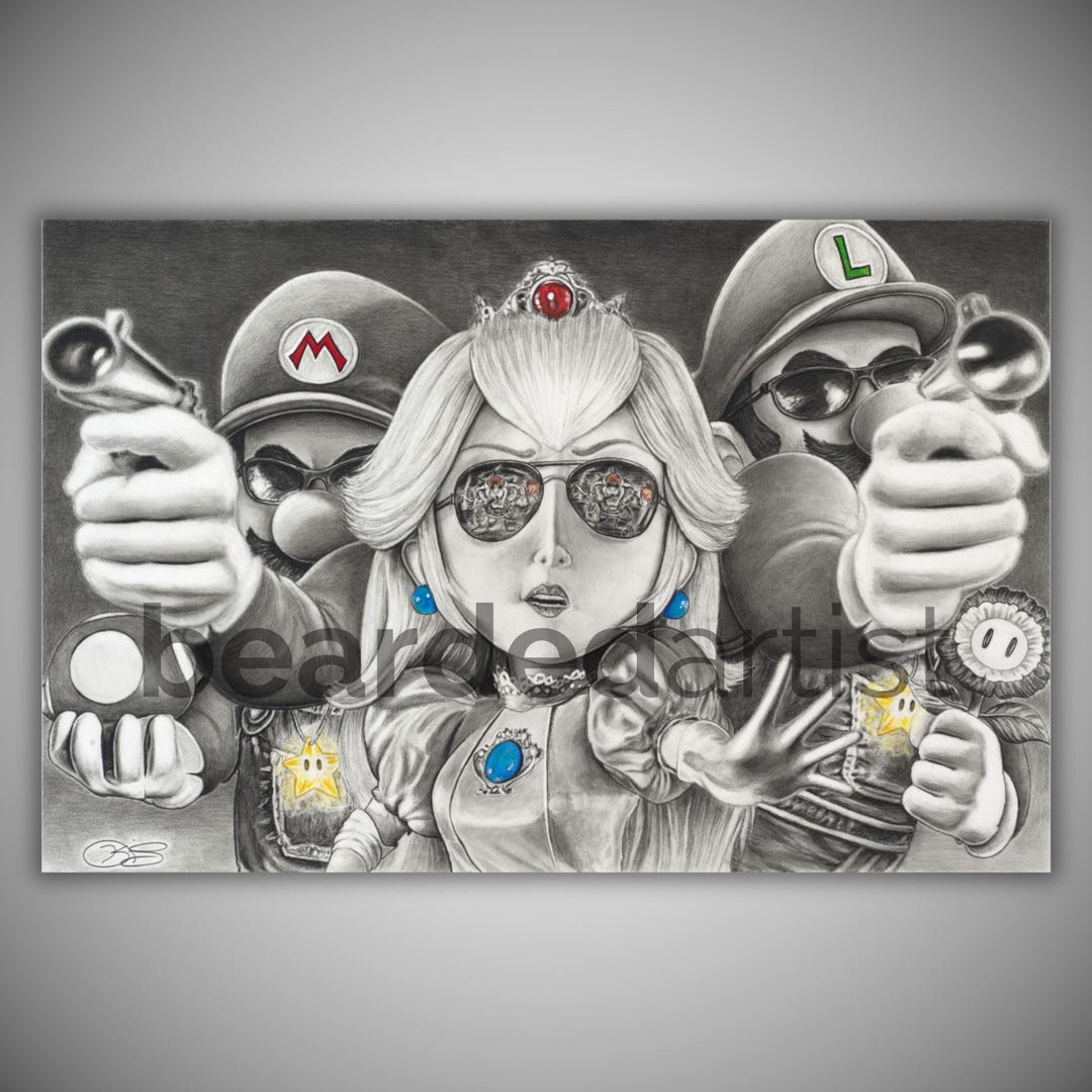 Mario, Luigi, and Peach Pencil Drawing Print – Super Mario Fan Art ...