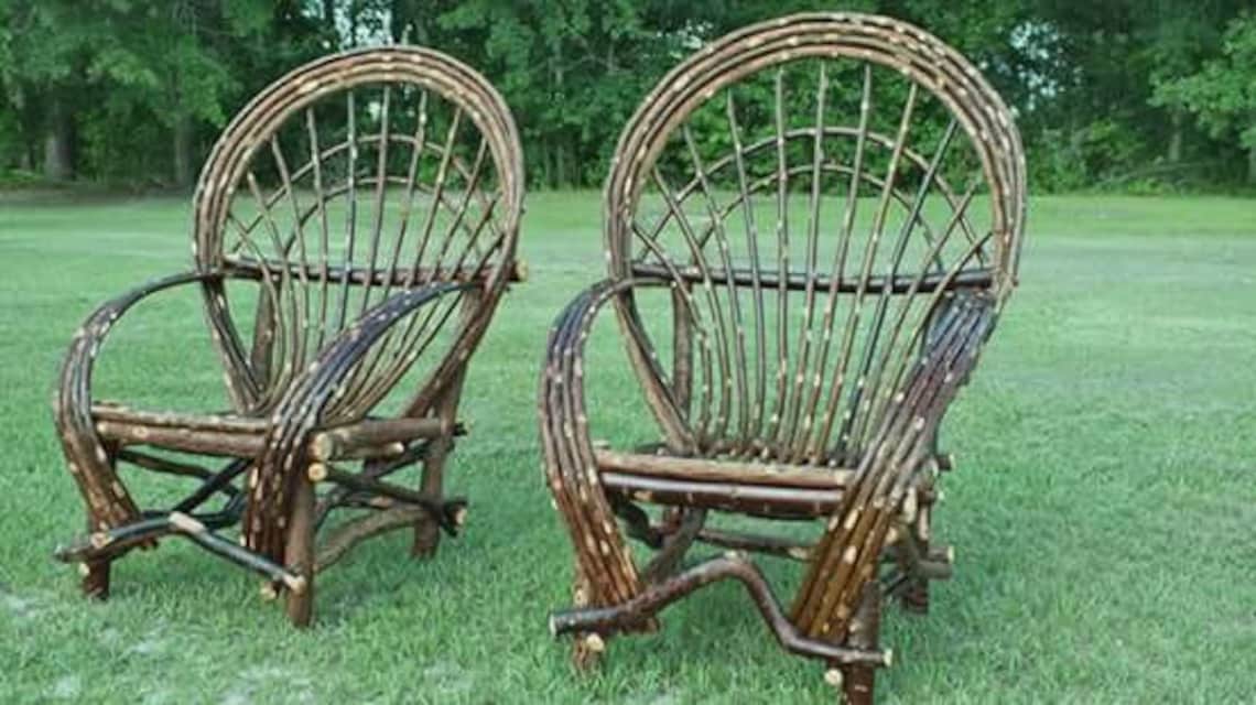 Two Handmade Twig Willow Fan Back Chairs and End Table - Etsy