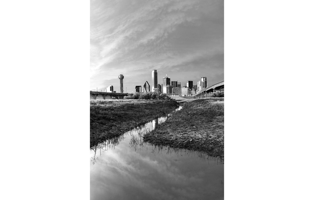B&W Dallas Photo, Black and White Vertical Trinity River Dallas Skyline ...