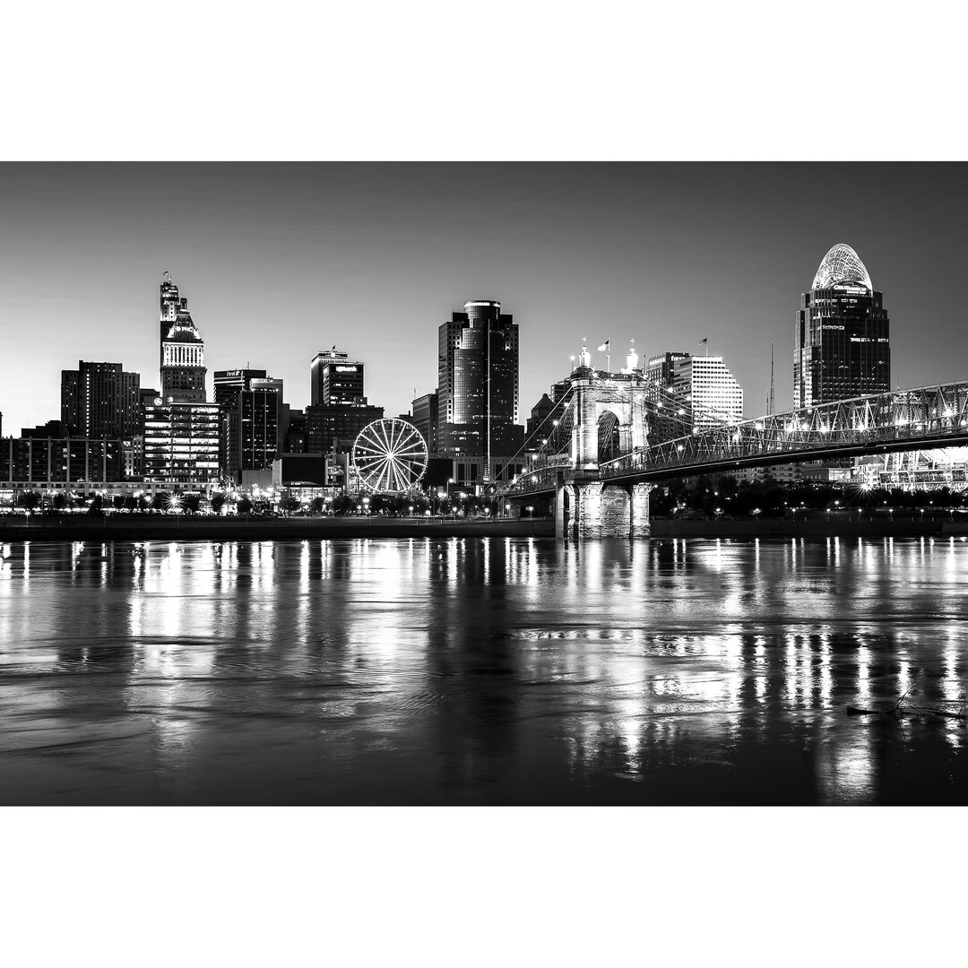 B&W Cincinnati Print, Black and White Cincinnati Skyline Night ...