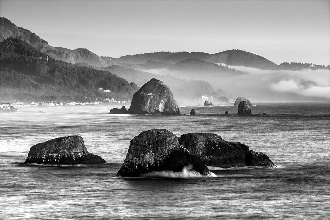 B&W Cannon Beach Print, Bird Rocks and Haystack Rock, Black and White ...