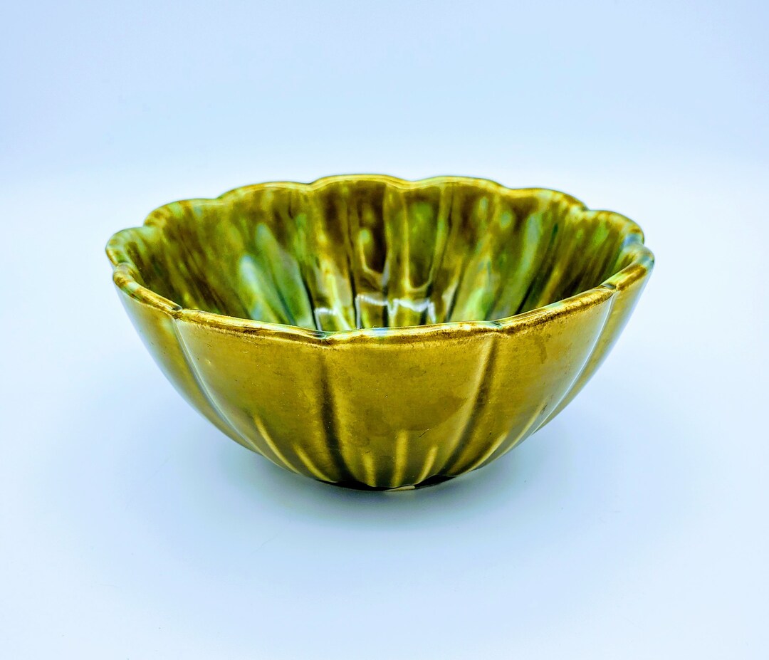 Scalloped Pottery Bowl Blue Green Glazed - Etsy