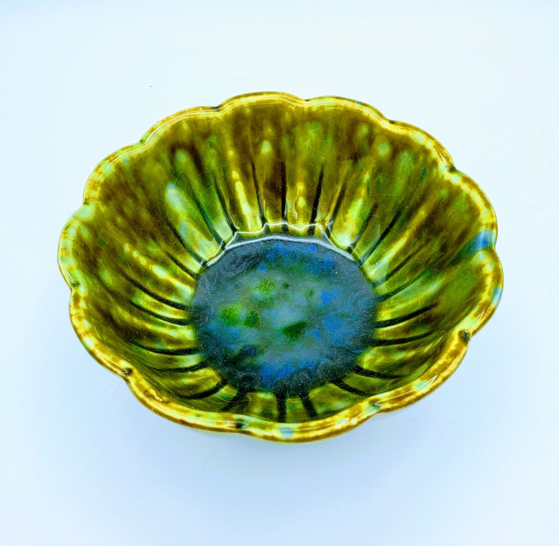 Scalloped Pottery Bowl Blue Green Glazed - Etsy