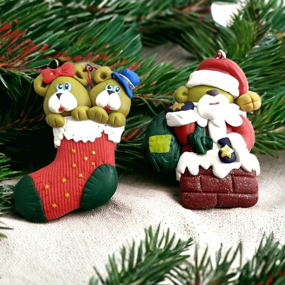 Vtg Teddy Bear Christmas Tree Ornaments Polymer Clay Dough holiday ...