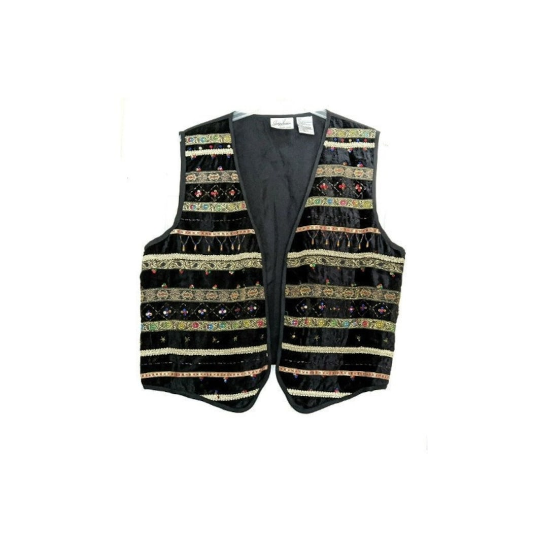 Vtg 90s Boho Gypsy Style Vest Black Velvet Beads Ribbons Jaclyn Smith ...