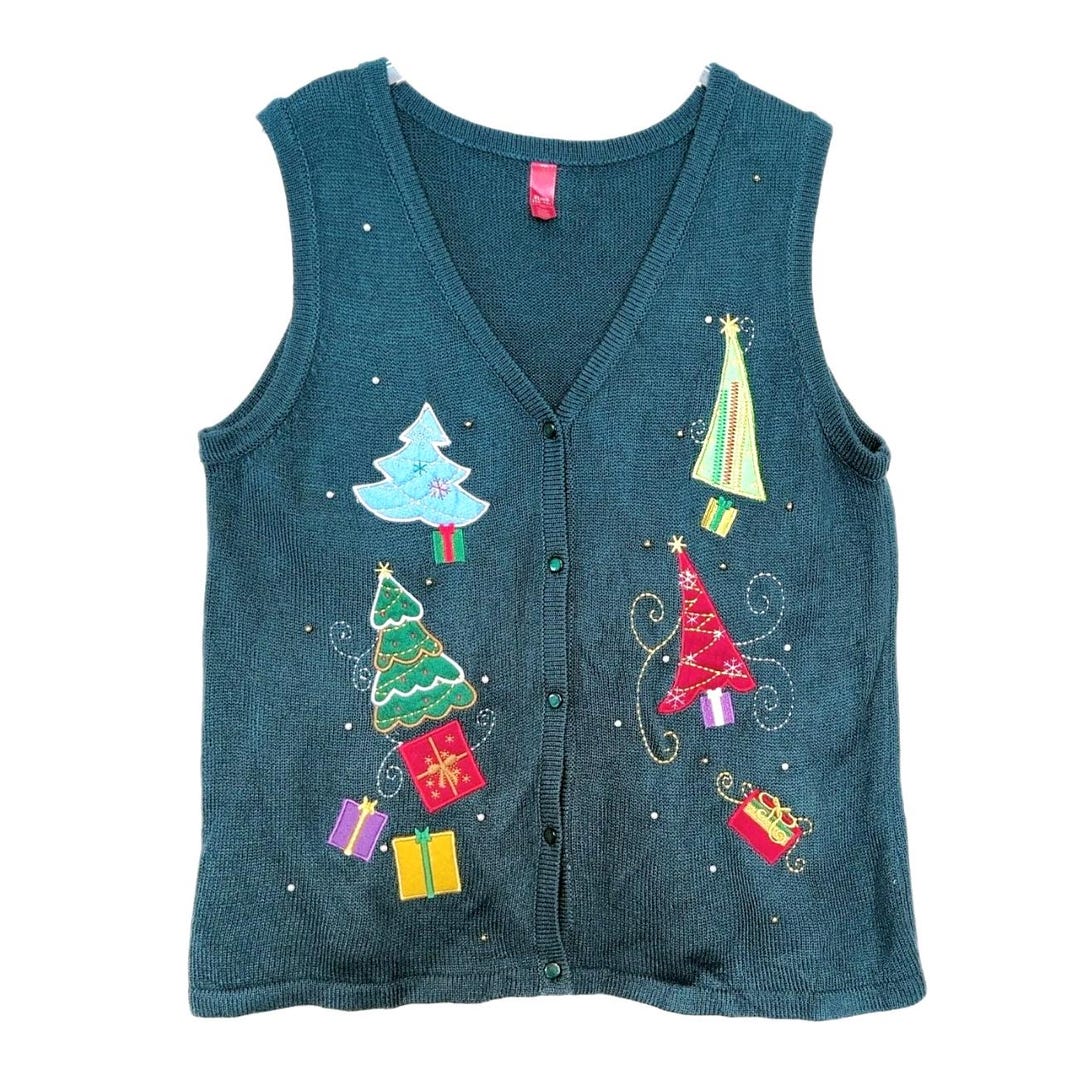 Vtg Novelty Ugly Christmas Sweater Vest Trees Gifts Forest Green Size ...