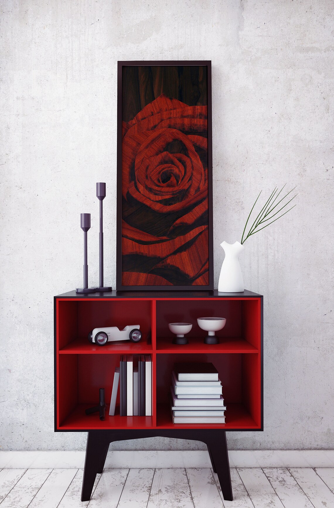 Marquetry Red Rose Handmade Intarsia Wood Wall Picture by Laszlo Sandor ...