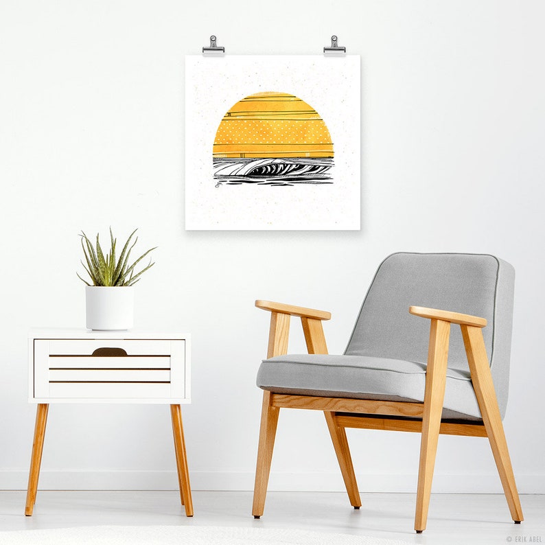 Yellow Sun | Modern Surf Art Print, Abstract Ocean Scene, Square Paper ...