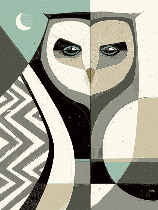 Who? Blue | Contemporary Modern Owl Print in Blue and Gray, Abstract ...