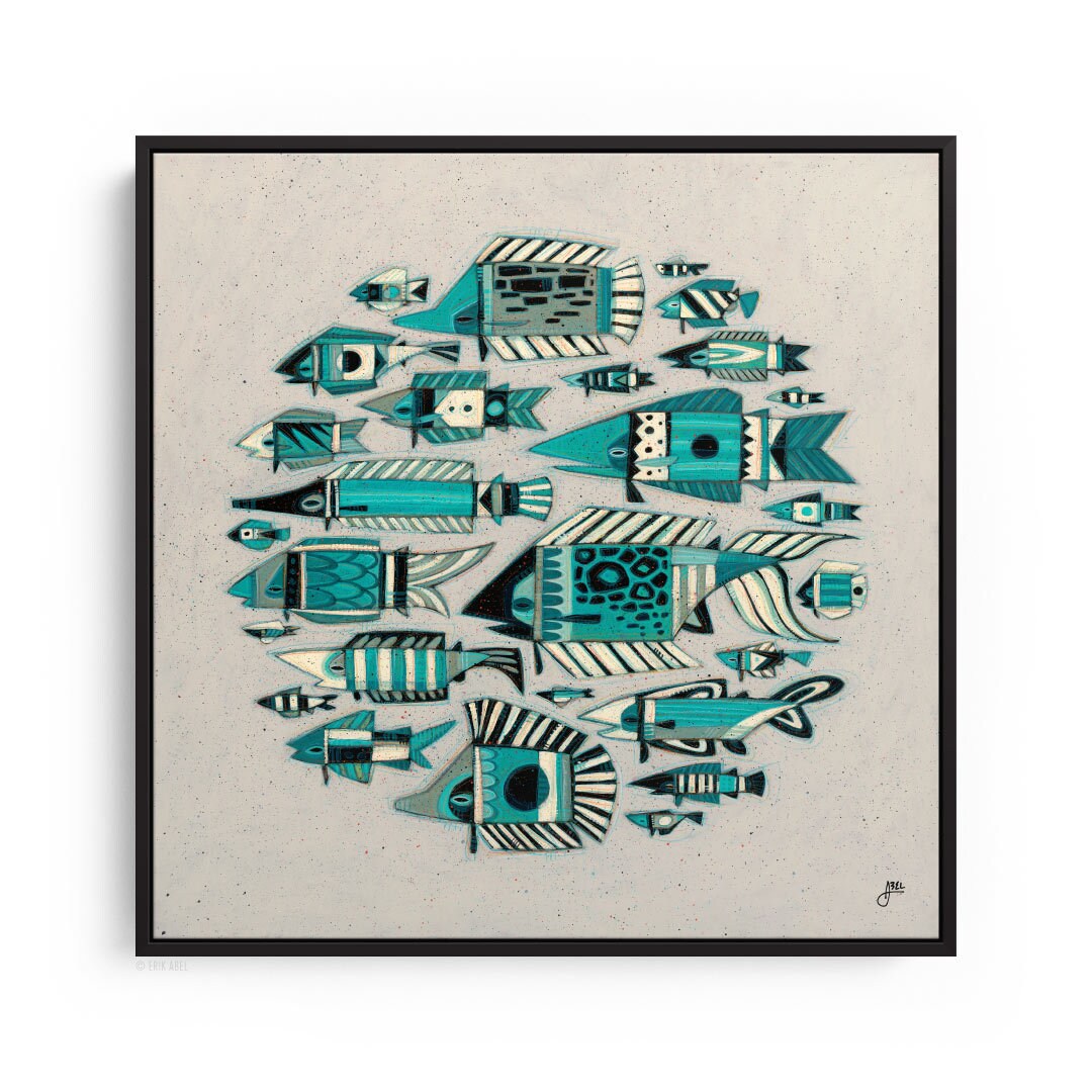 Bait Ball | Canvas Print Modern Fish Print in Teal Tones, Abstract Fish ...