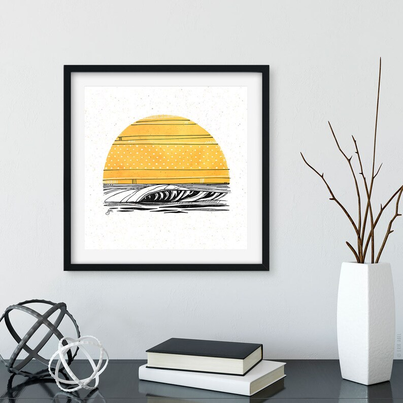 Yellow Sun | Modern Surf Art Print, Abstract Ocean Scene, Square Paper ...