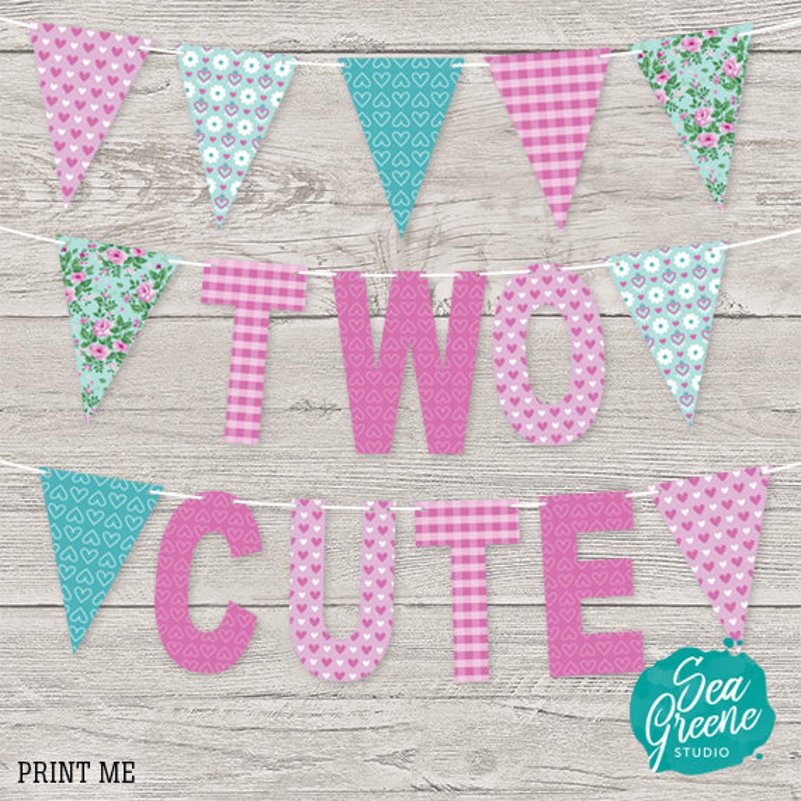 Two Cute Pennant Banner | Two Years Old | Second Birthday Banner | Girl ...