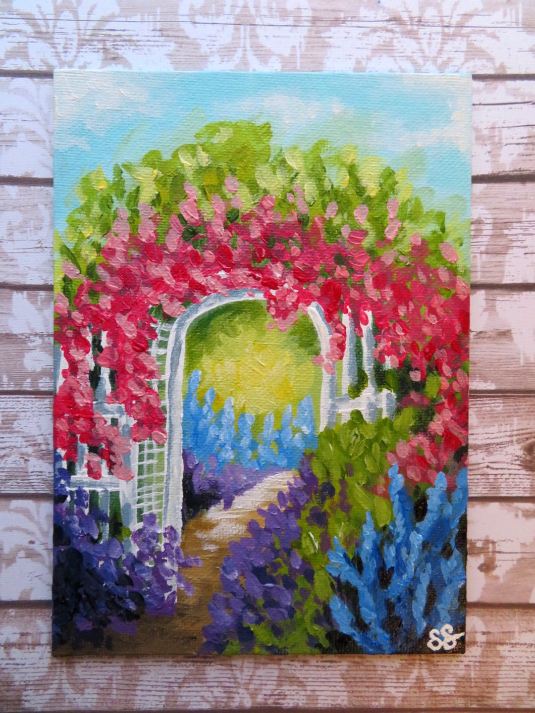 Rose Trellis Painting Canvas Panel Art, Original Flower Garden Painting ...