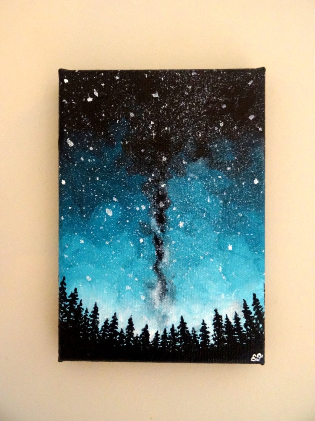 Galaxy Painting Original, Night Sky Art, Pine Trees Galaxy Art, Blue ...
