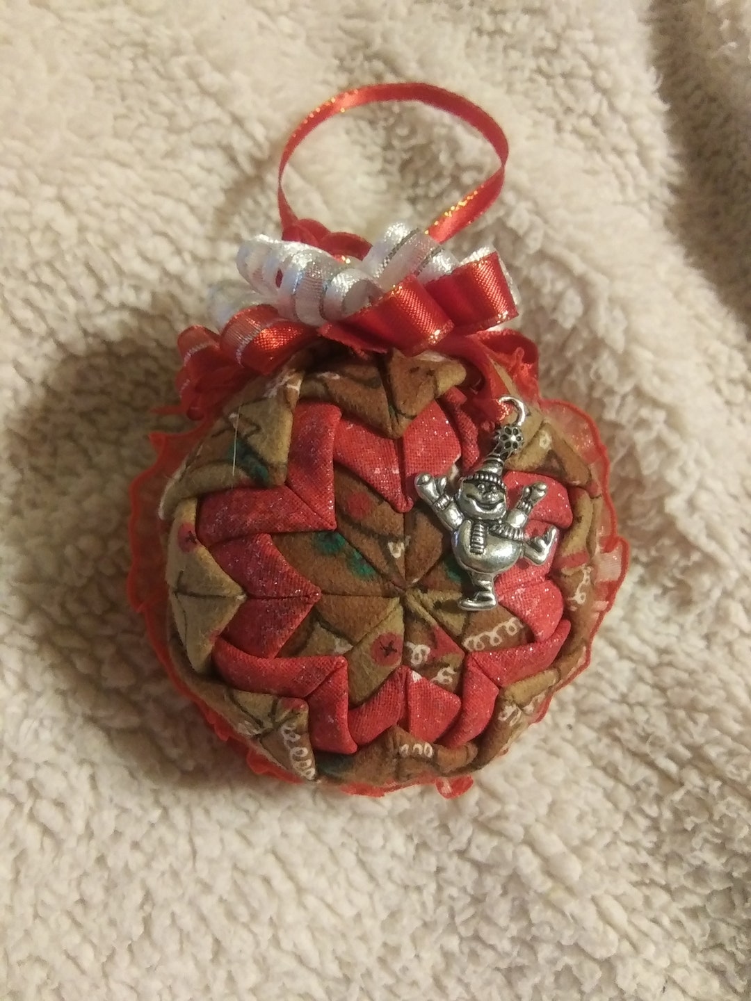 Gingerbread and Red Sparkle Fabrics Folded Star Ball Ornament With a ...