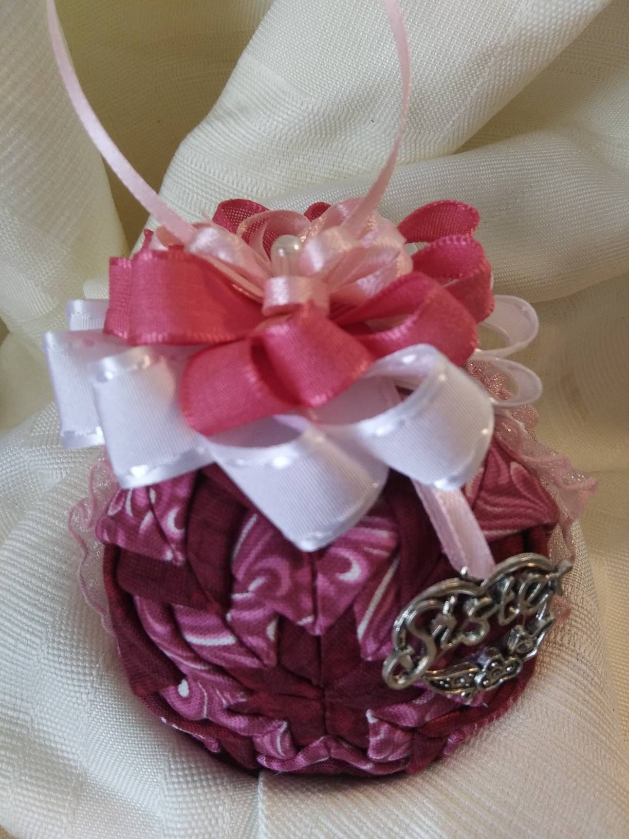 Cranberry and Pink swirl fabrics folded star ball ornament | Etsy