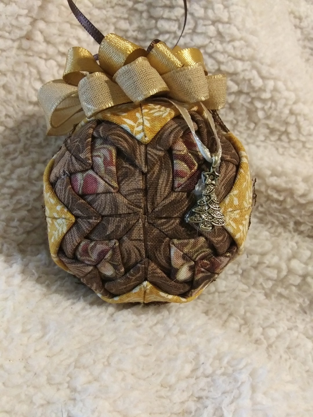 Brown Fabrics Folded Star Ball Ornament With a Gold Tone Christmas Tree ...