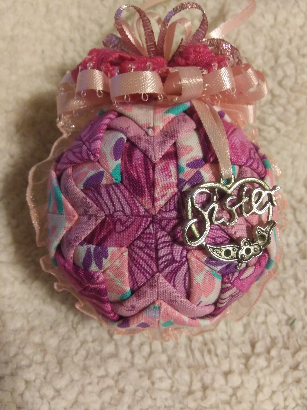 Pink Assorted Fabrics Folded Star Ball Ornament With a Sister Heart ...