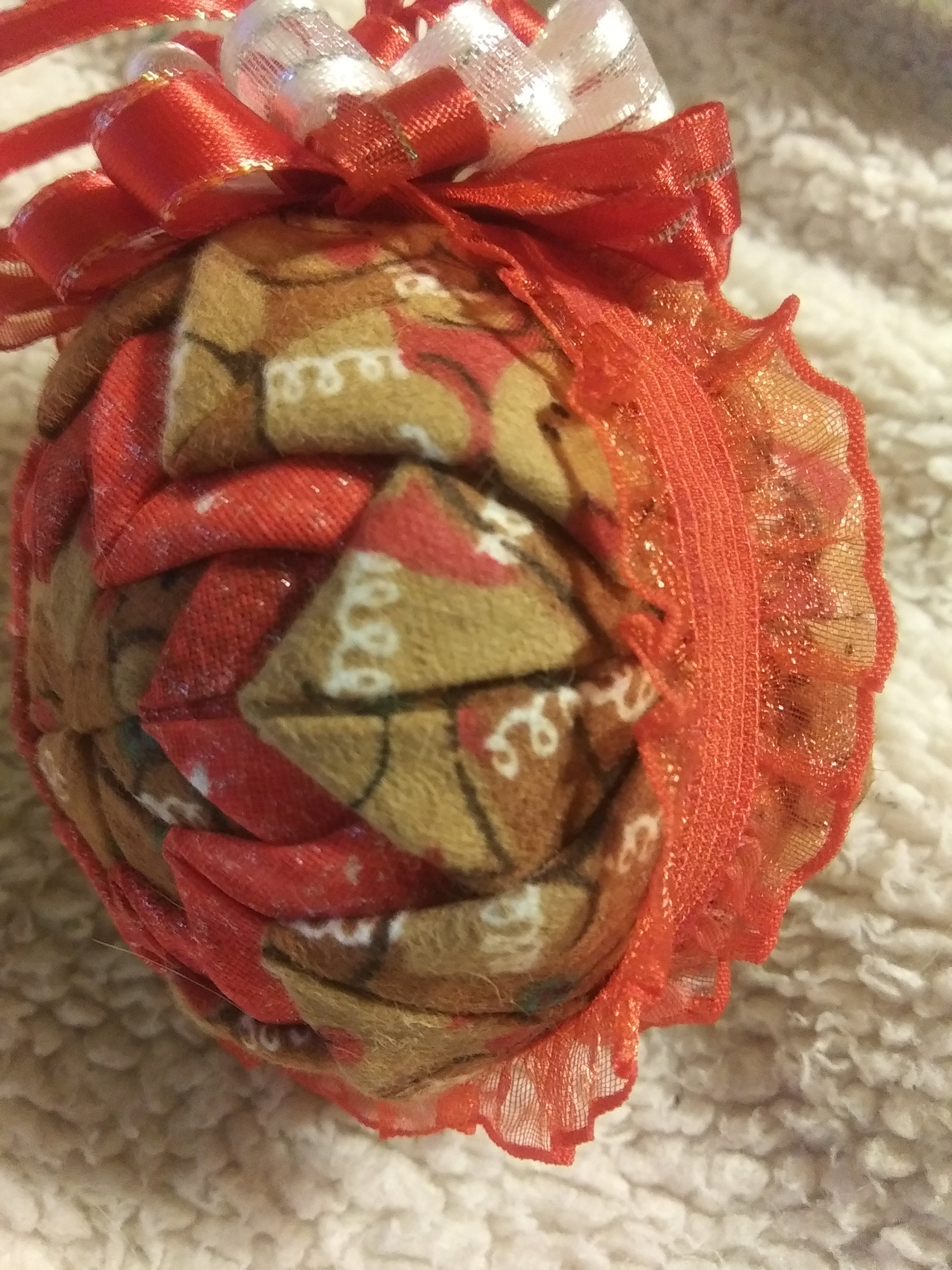 Gingerbread and Red Sparkle Fabrics Folded Star Ball Ornament With a ...