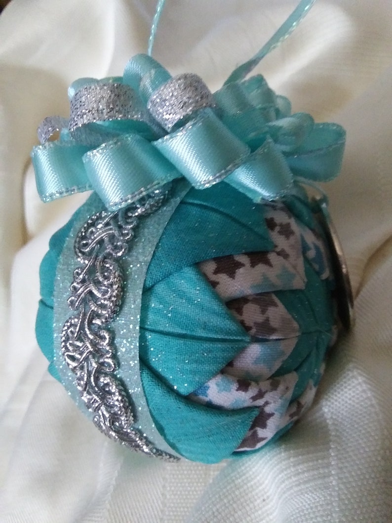 Teal and Silver Stars Fabrics Folded Star Ball Ornament With a - Etsy