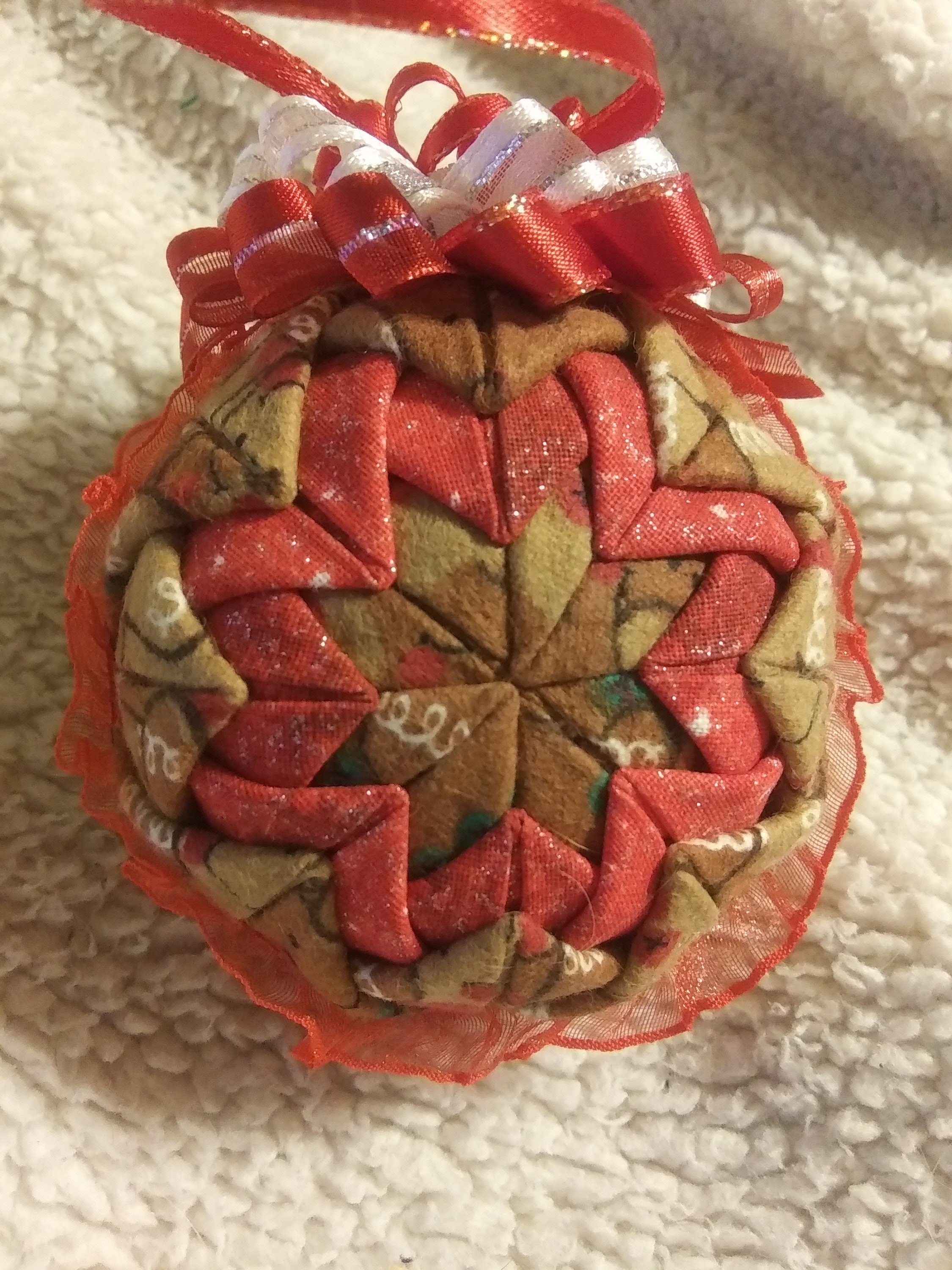 Gingerbread and Red Sparkle Fabrics Folded Star Ball Ornament With a ...