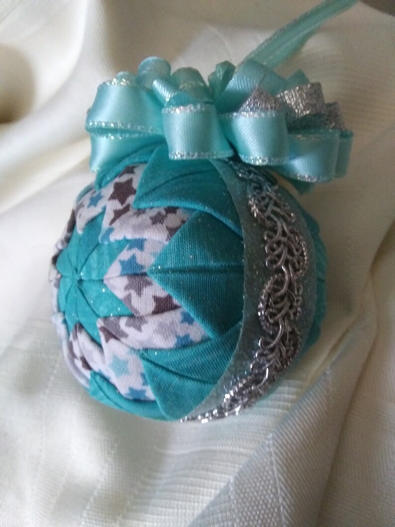 Teal and Silver Stars Fabrics Folded Star Ball Ornament With a - Etsy