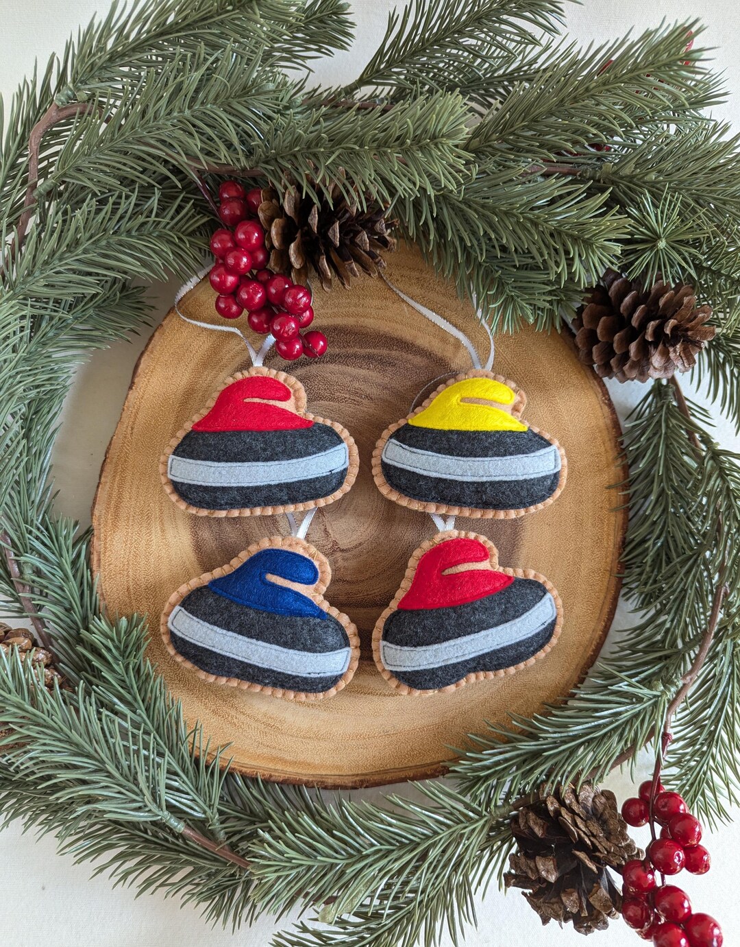 Canadian Mini Curling Rock Felt Fabric Tree Ornament RED/BLUE/YELLOW ...