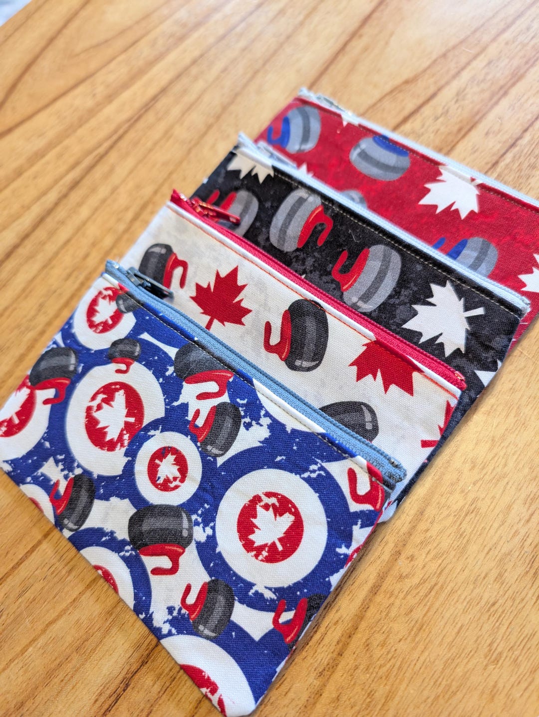 Canada Curling Rock and Maple Leaf Cotton Fabric Zippered Pouch - 3" X ...