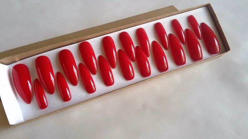 Red Long Stiletto Press On Nails Artificial Glue On Press On Etsy