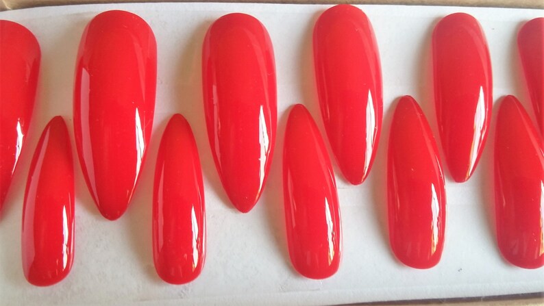 Red Long Stiletto Press On Nails Artificial Glue On Press On Etsy
