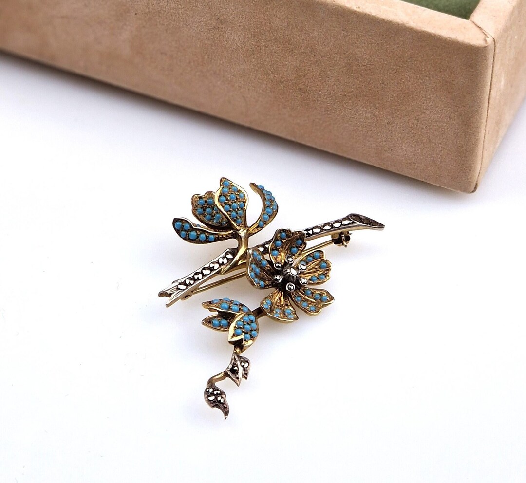 Vintage Swedish Turquoise Marcasite Flower Brooch, Silver Hallmark - Etsy