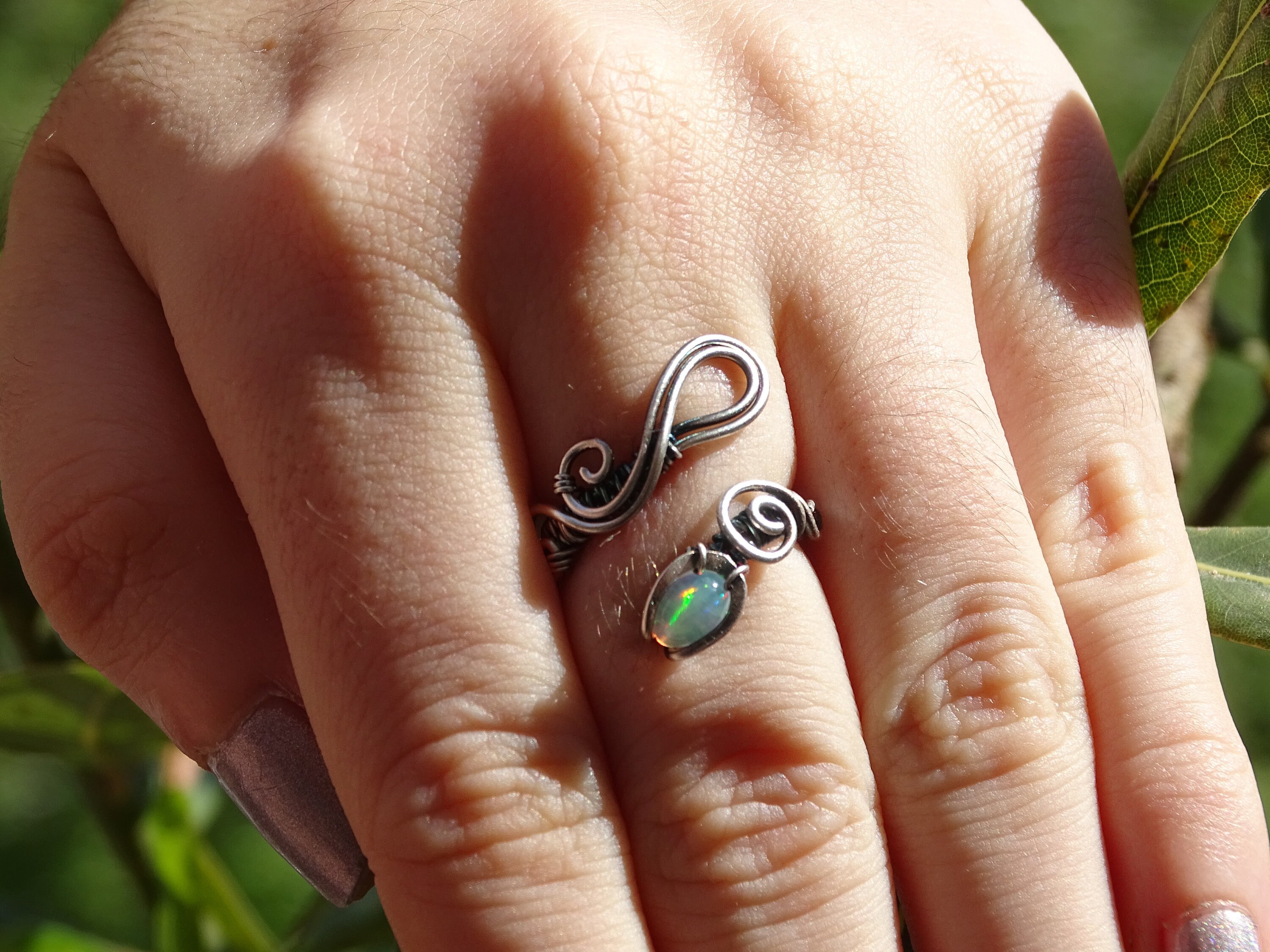 Opal sterling silver wire ring. Welo Opal ring wire wrapped | Etsy