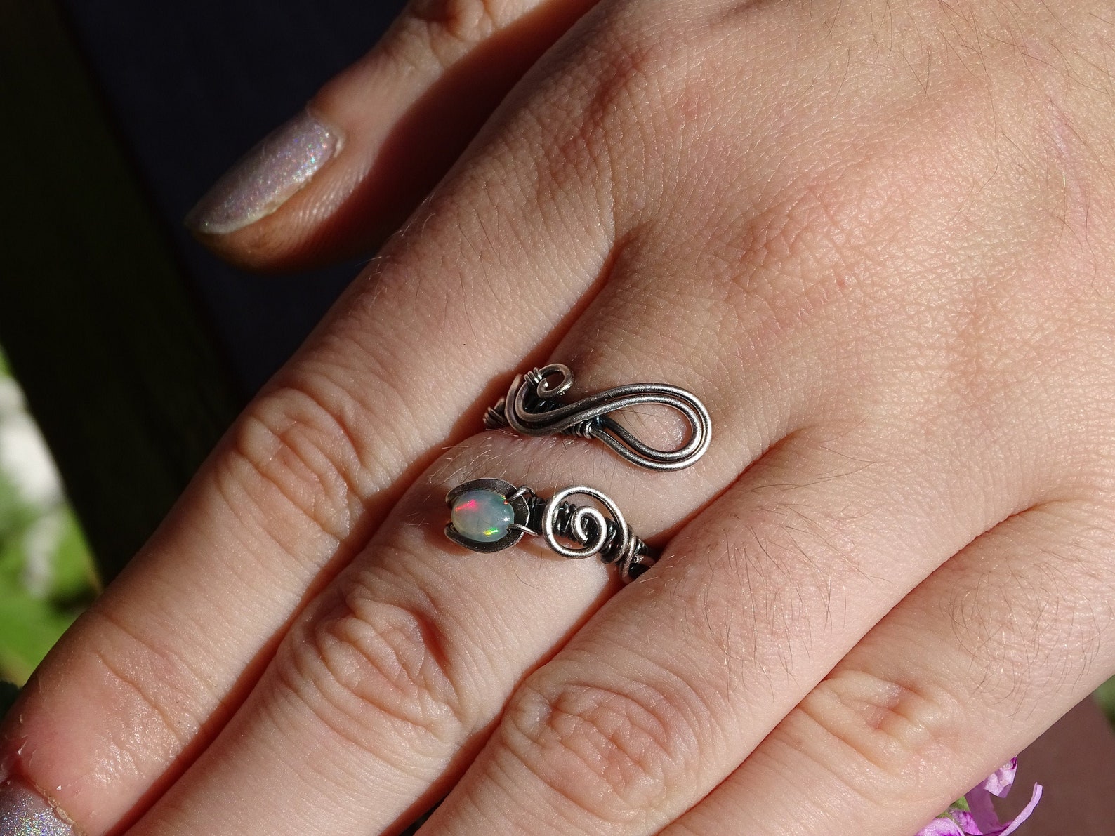 Opal sterling silver wire ring. Welo Opal ring wire wrapped | Etsy