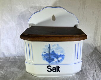 Antique Porcelain Salt Box With Wooden Lid Vintage Wall - Etsy