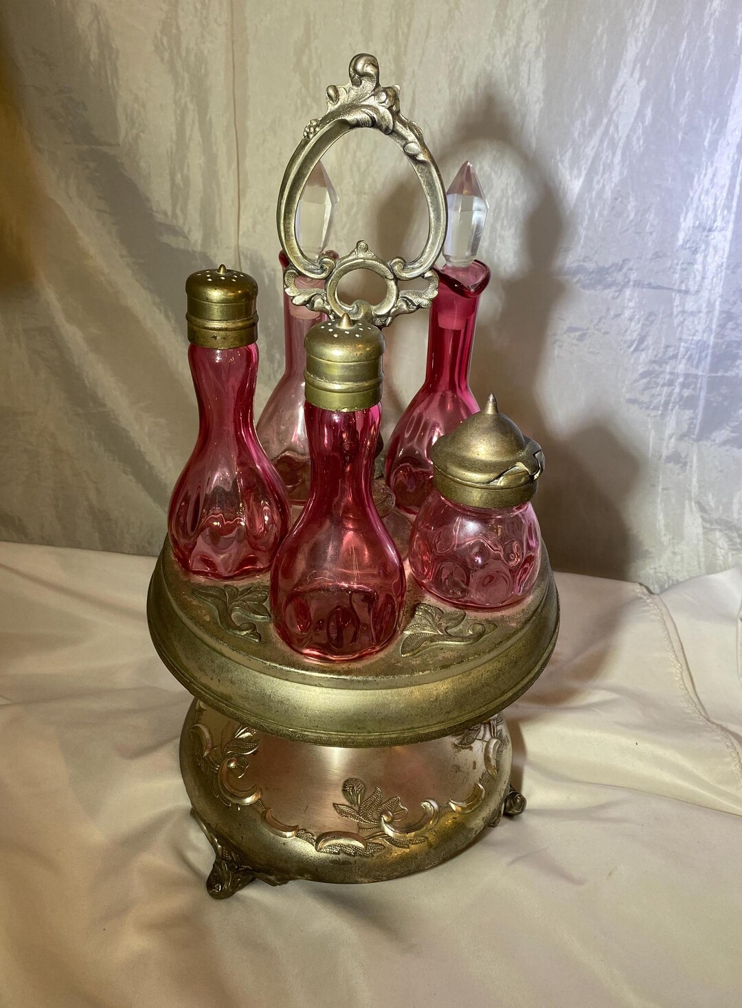Victorian Cranberry Glass Cruet Set in Stand - Etsy