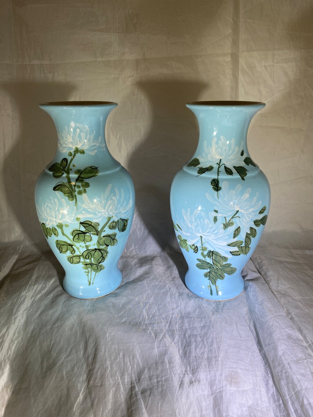Hand Painted Blue Floral Vases - Pair - Etsy