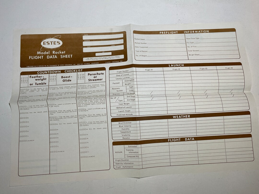 Estes Flying Model Rocket Flight Data Sheet NM - Etsy