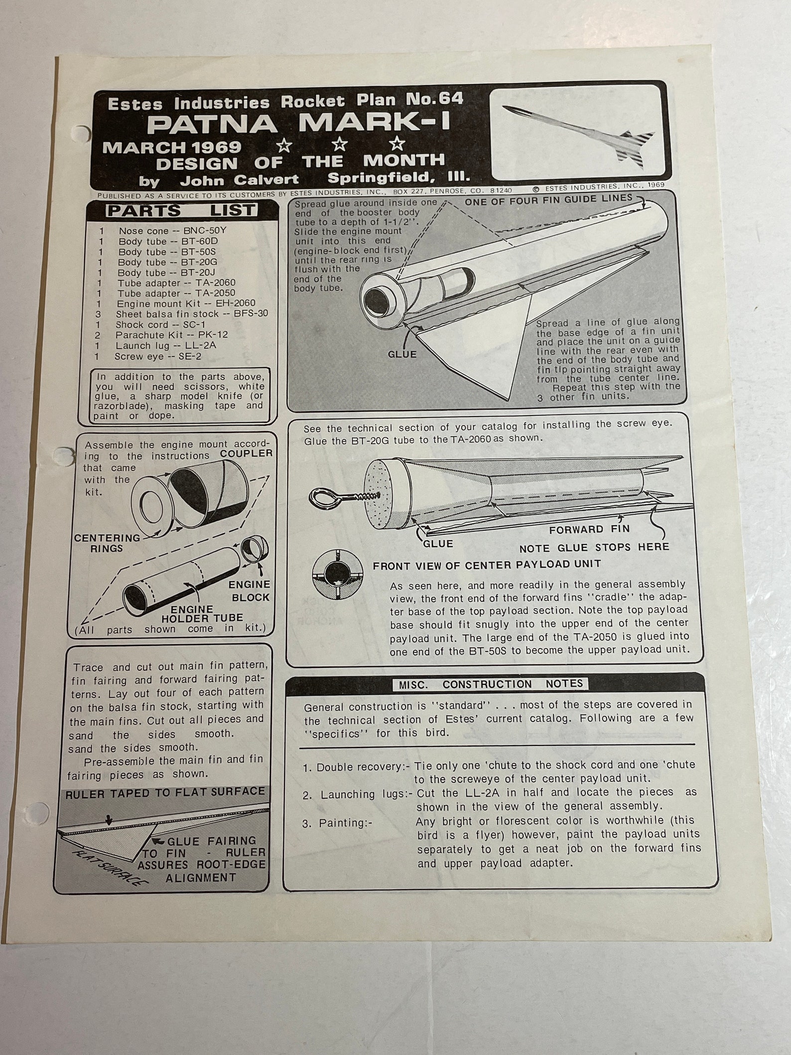 Estes Flying Model Rocket Plan No.64 Patna Mark-1 Instructions VG Shape ...