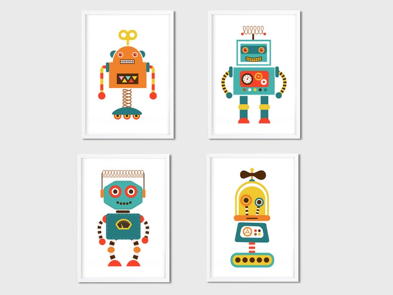Set of 4 Robot Prints, Toy Illustration, Nursery Wall Art, Children ...