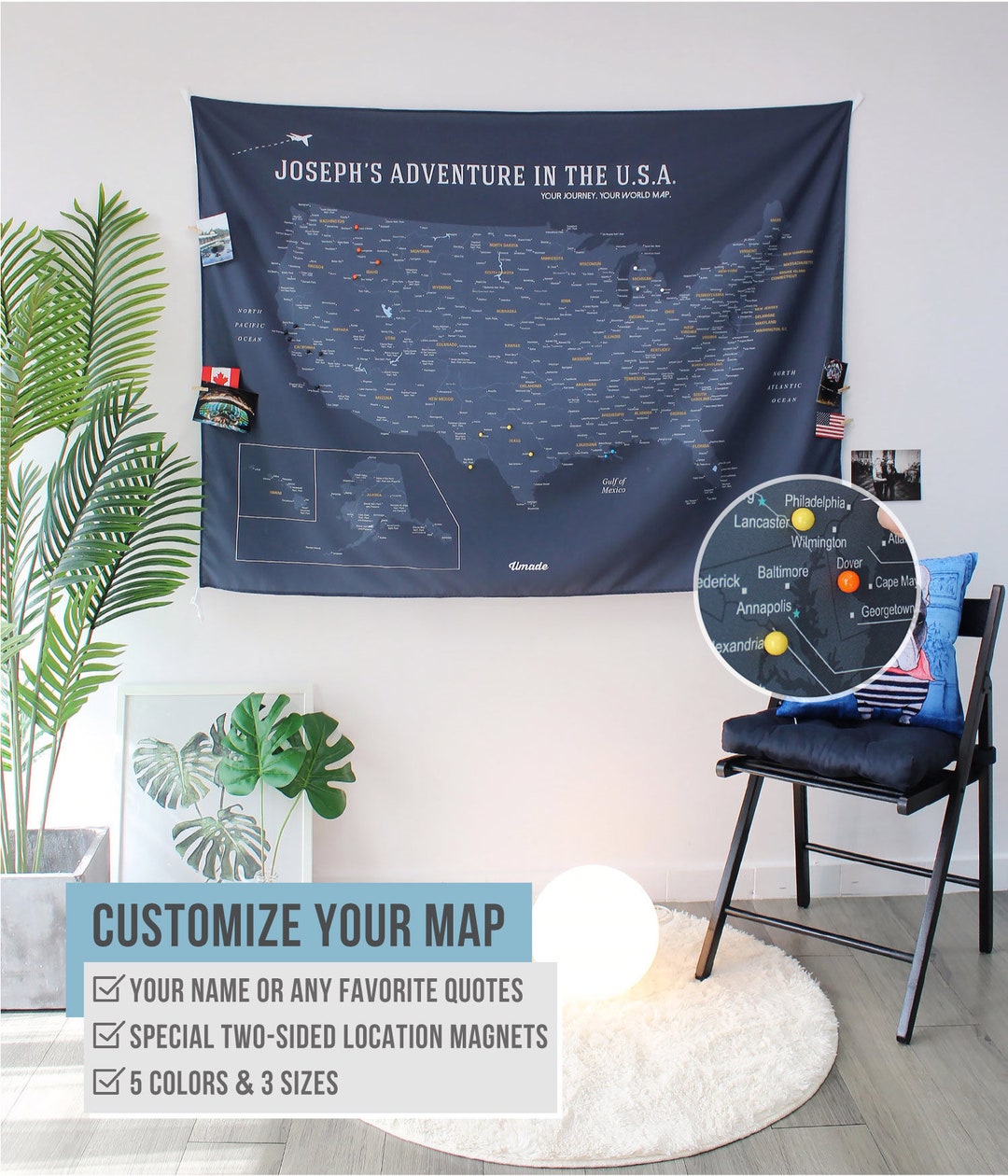 Personalized USA Map Tapestry | Push Pin Travel United States Map ...