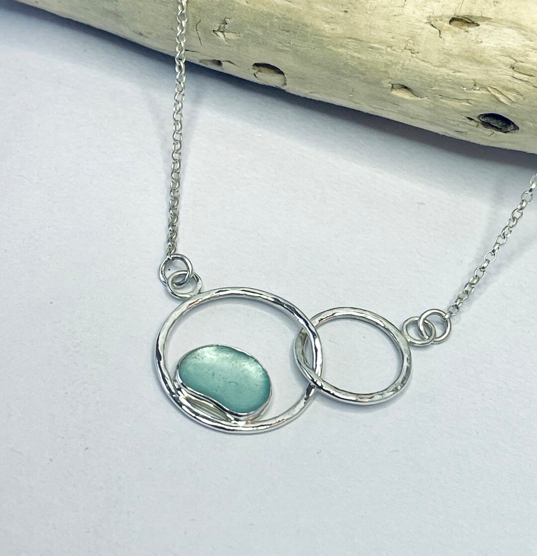 Hammered Sterling Silver Infinity Necklace: Turquoise Cornish Sea Glass ...