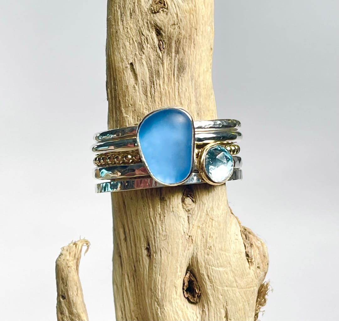 Limited Edition Blue Cornish Sea Glass and Sky Blue Topaz Stacking Ring ...