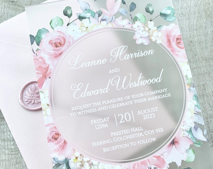 Blush Pink Acrylic Wedding Invitation, Rose & Hydrangea Frosted Perspex ...