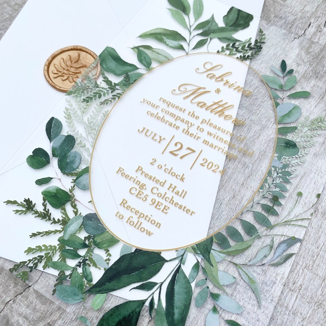 Botanical, Foliage Acrylic Wedding Invitation, Leaves, Greenery ...