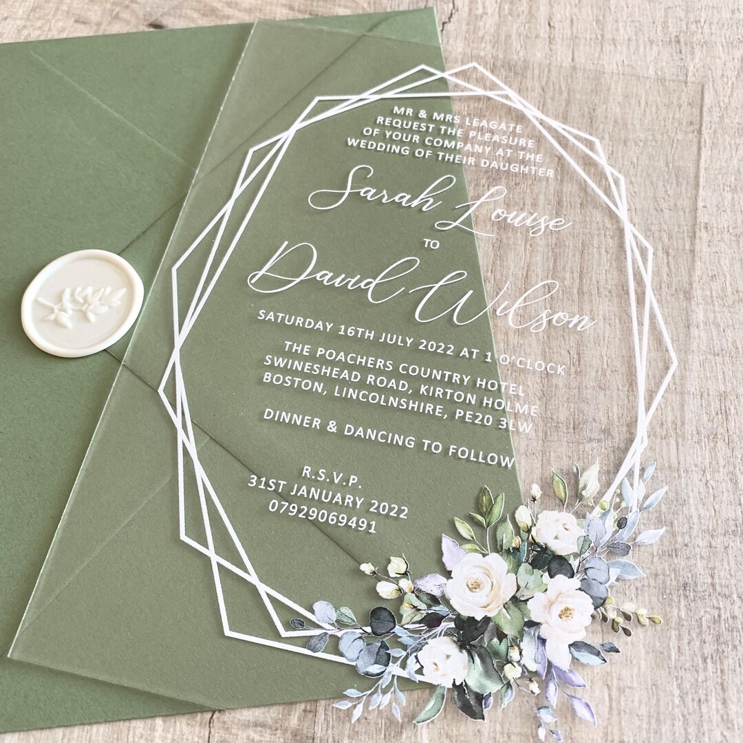Botanical Acrylic Wedding Invitations, Ivory Rose & Greenery ...